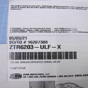 Zurn ZTR6203-ULF Sensor Operated Toilet Urinal VALVE ONLY .125 GPF ...