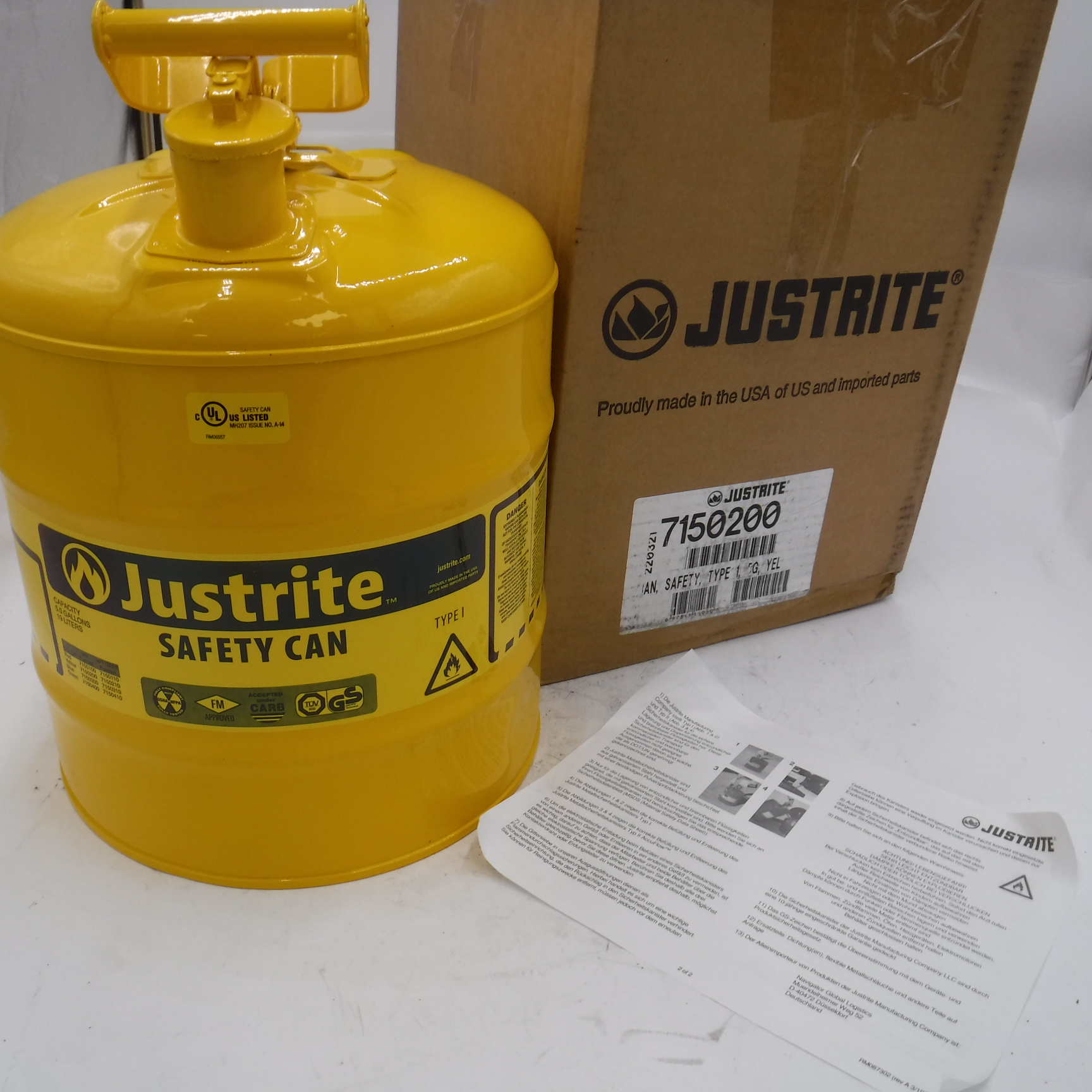 Justrite 7150200 5 Gallon Yellow Type 1 Steel Safety Can for Diesel ...