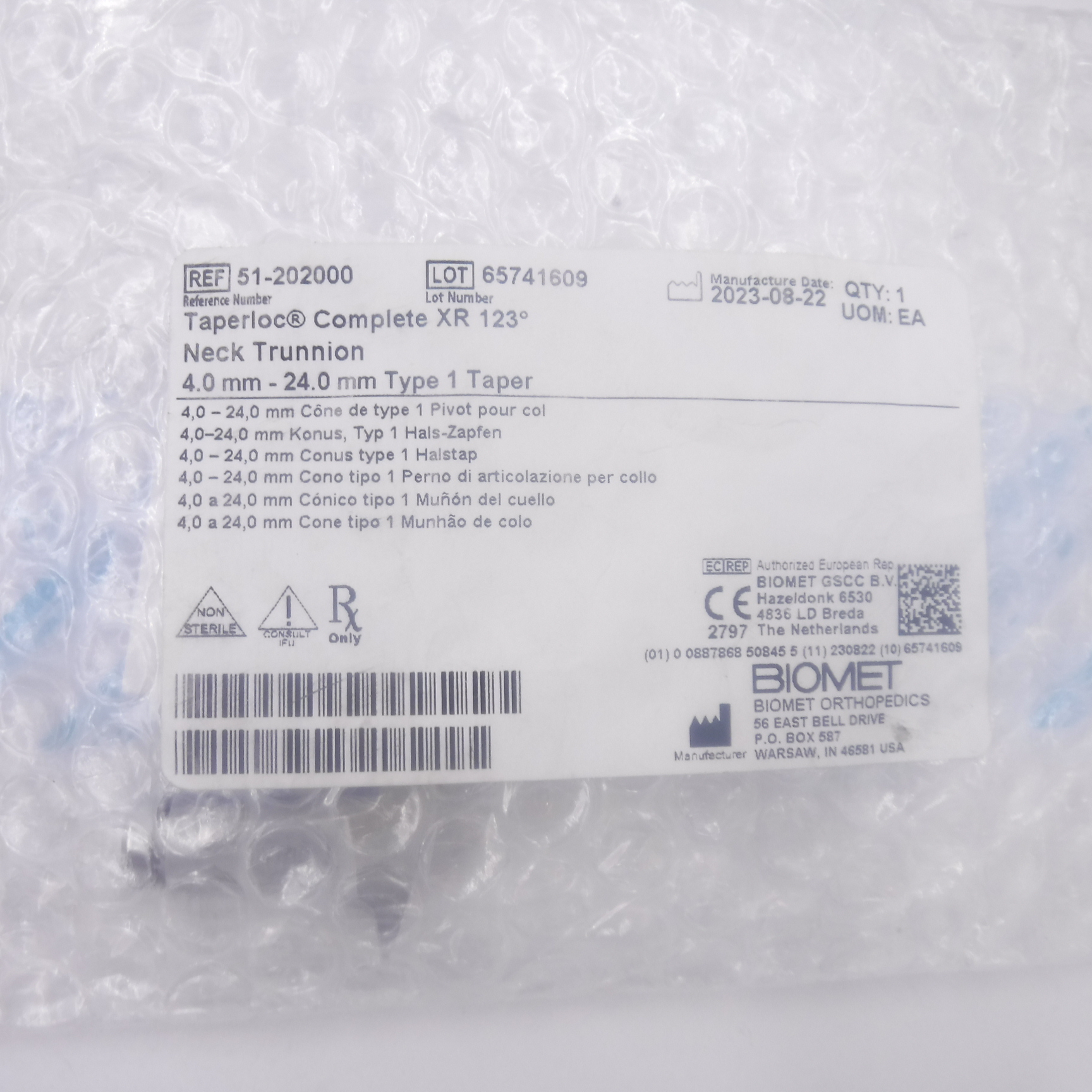 BIOMET Taperloc Complete XR 123° Neck Trunnion 4.0mm - 24.0mm Type 1 ...