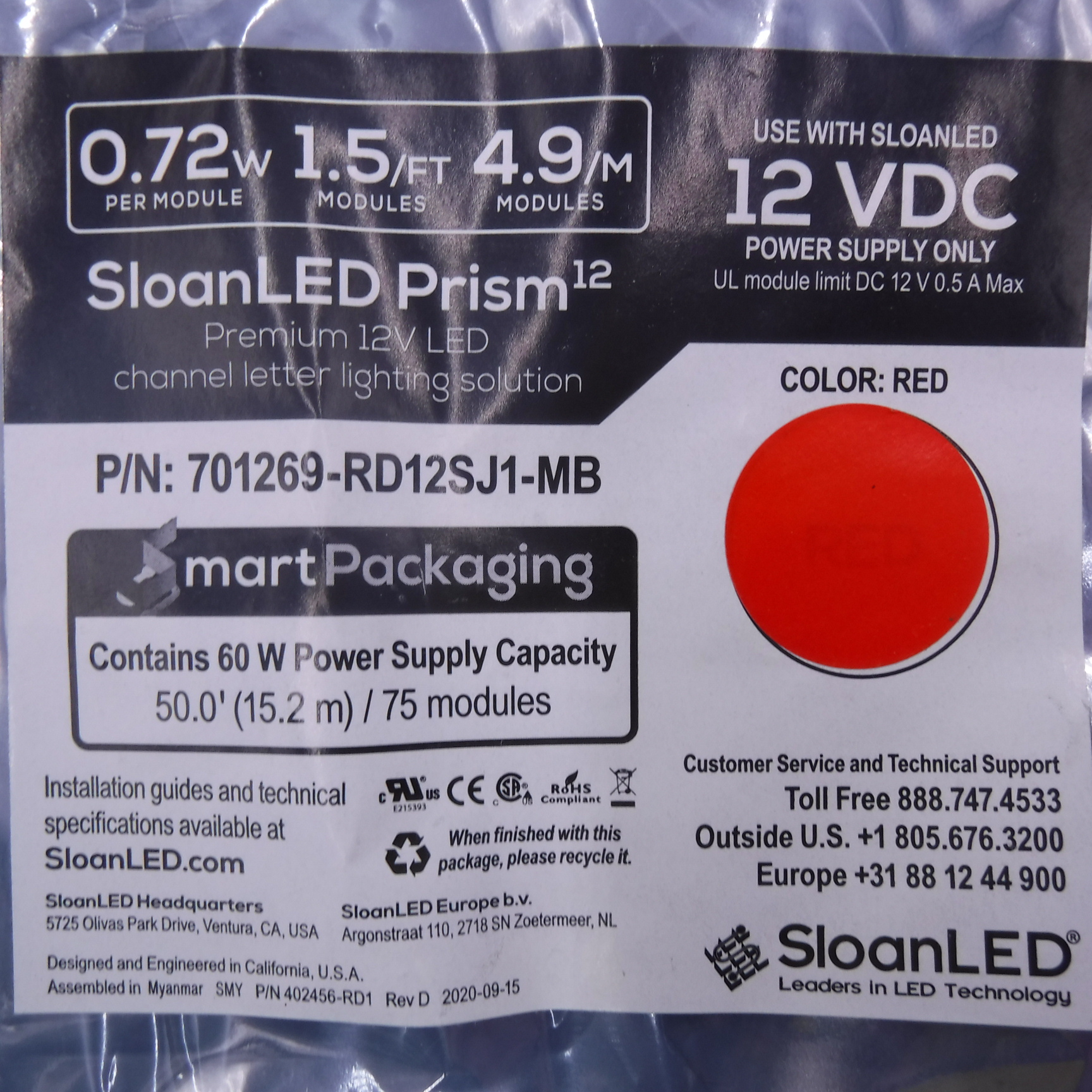 50' SloanLED Prism 12V Red LED Module 701269-RD12SJ1-MB 1.5 Modules/Ft ...